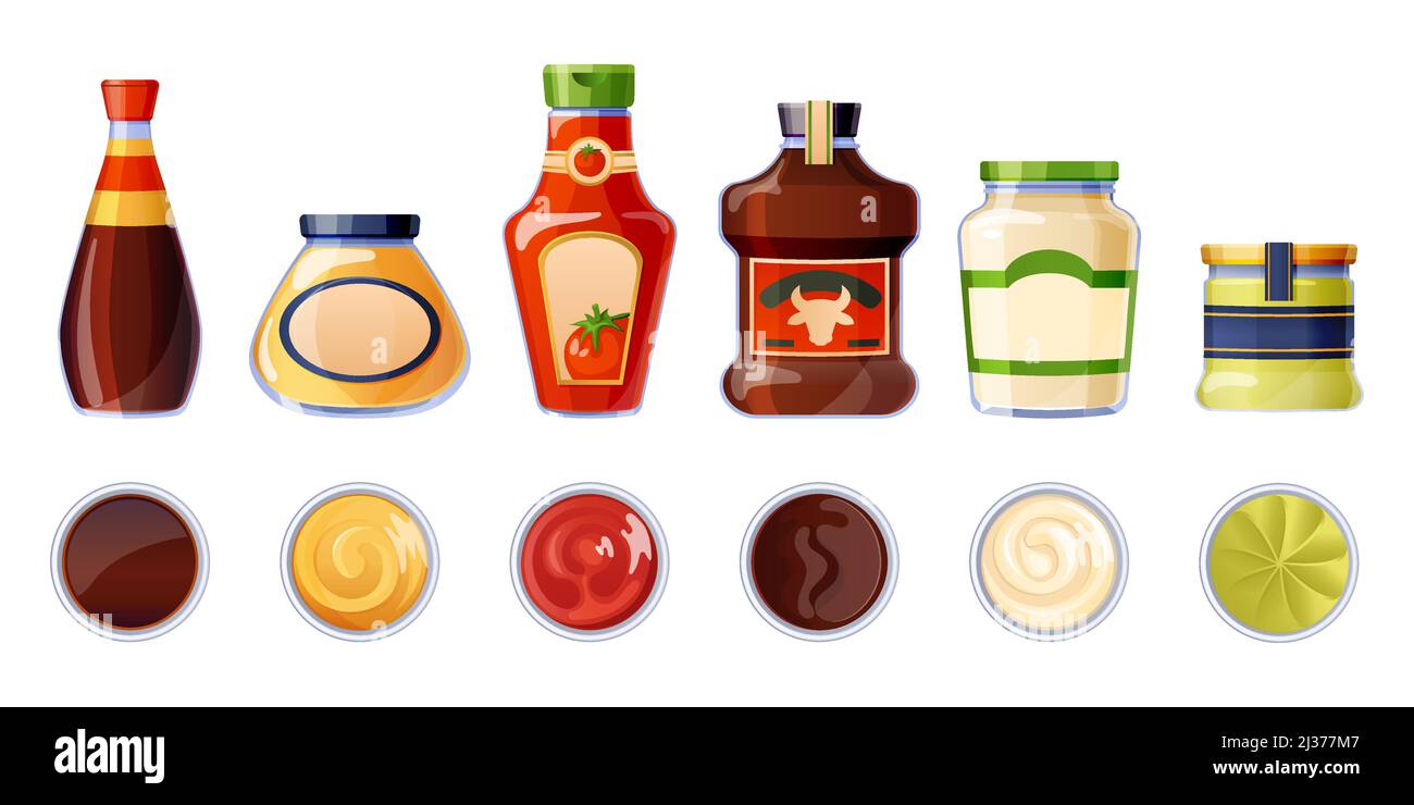 Set of different sauces in bottles and bowls top view. Mayonnaise ...