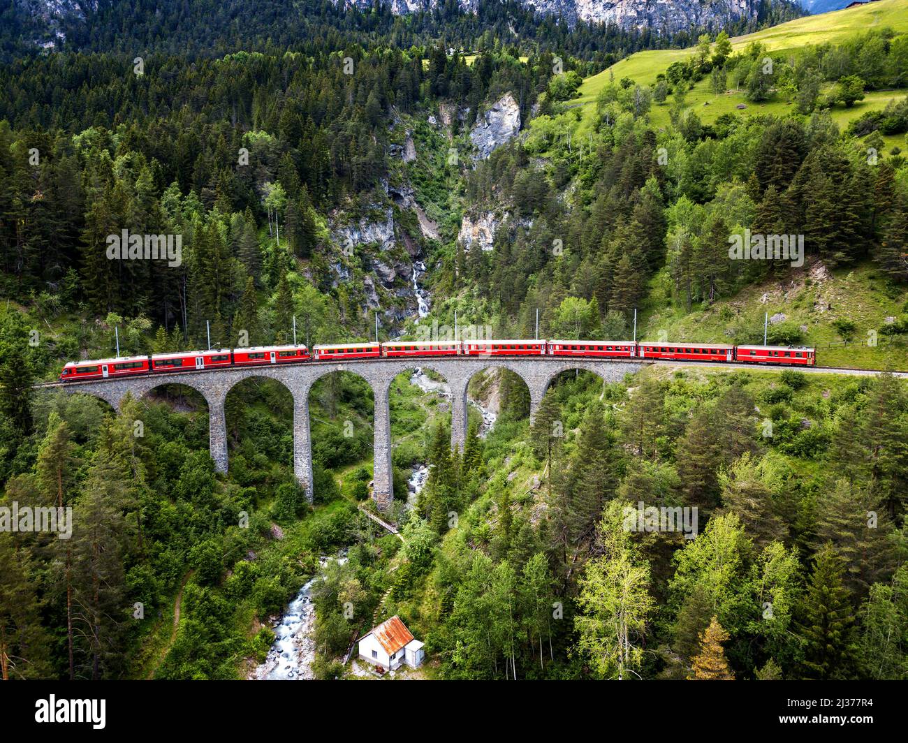 Glacier Express at the Landwasser Viaduct at Swiss Alps, Filisur ...
