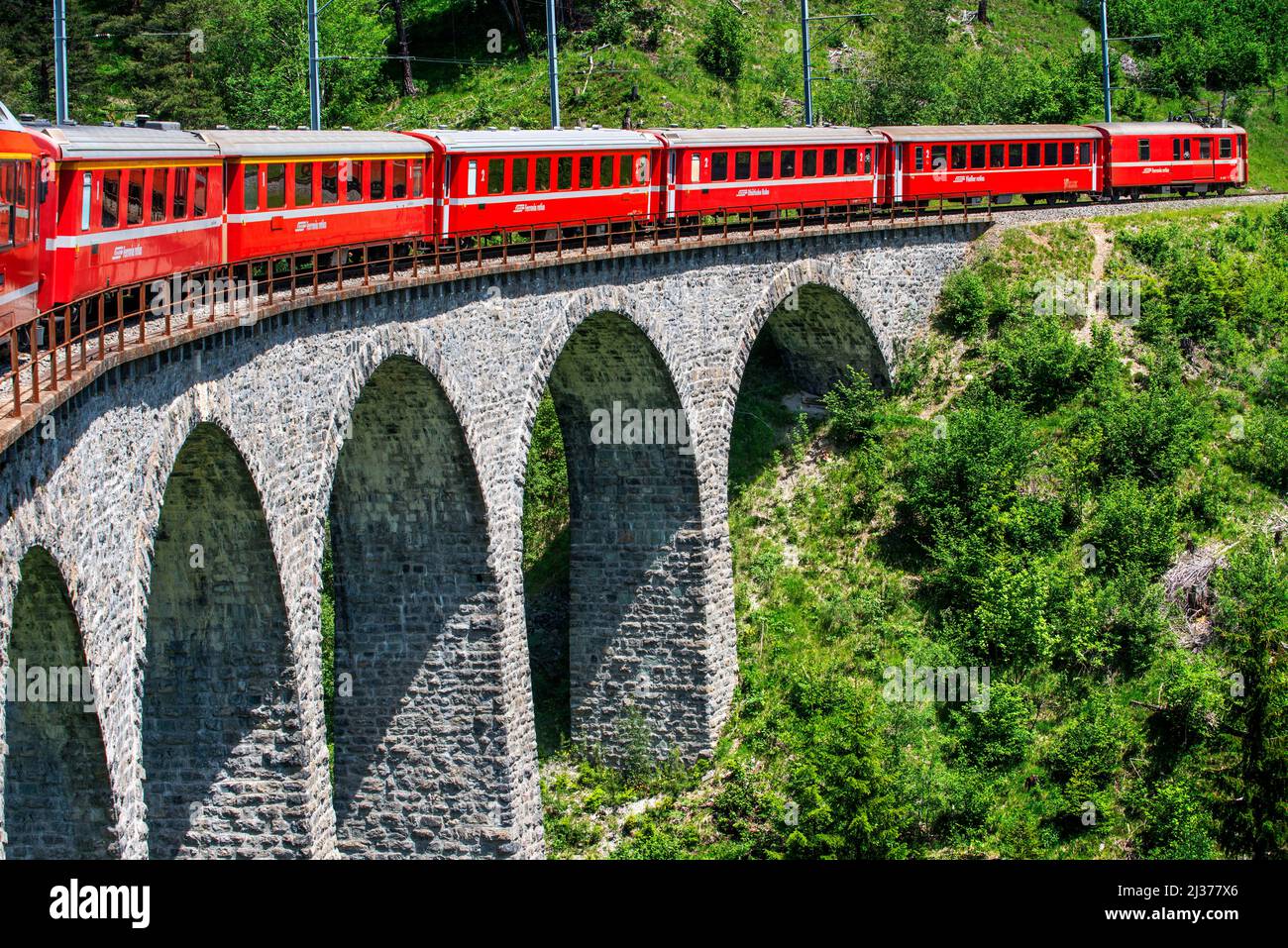 Local train at the Landwasser Viaduct at Swiss Alps, Filisur ...
