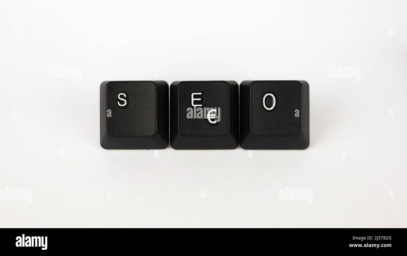 SEO text created with keyboard keys isolated on white background, white ...