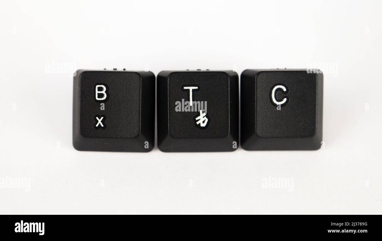 BTC text created with keyboard keys isolated on white background, white ...