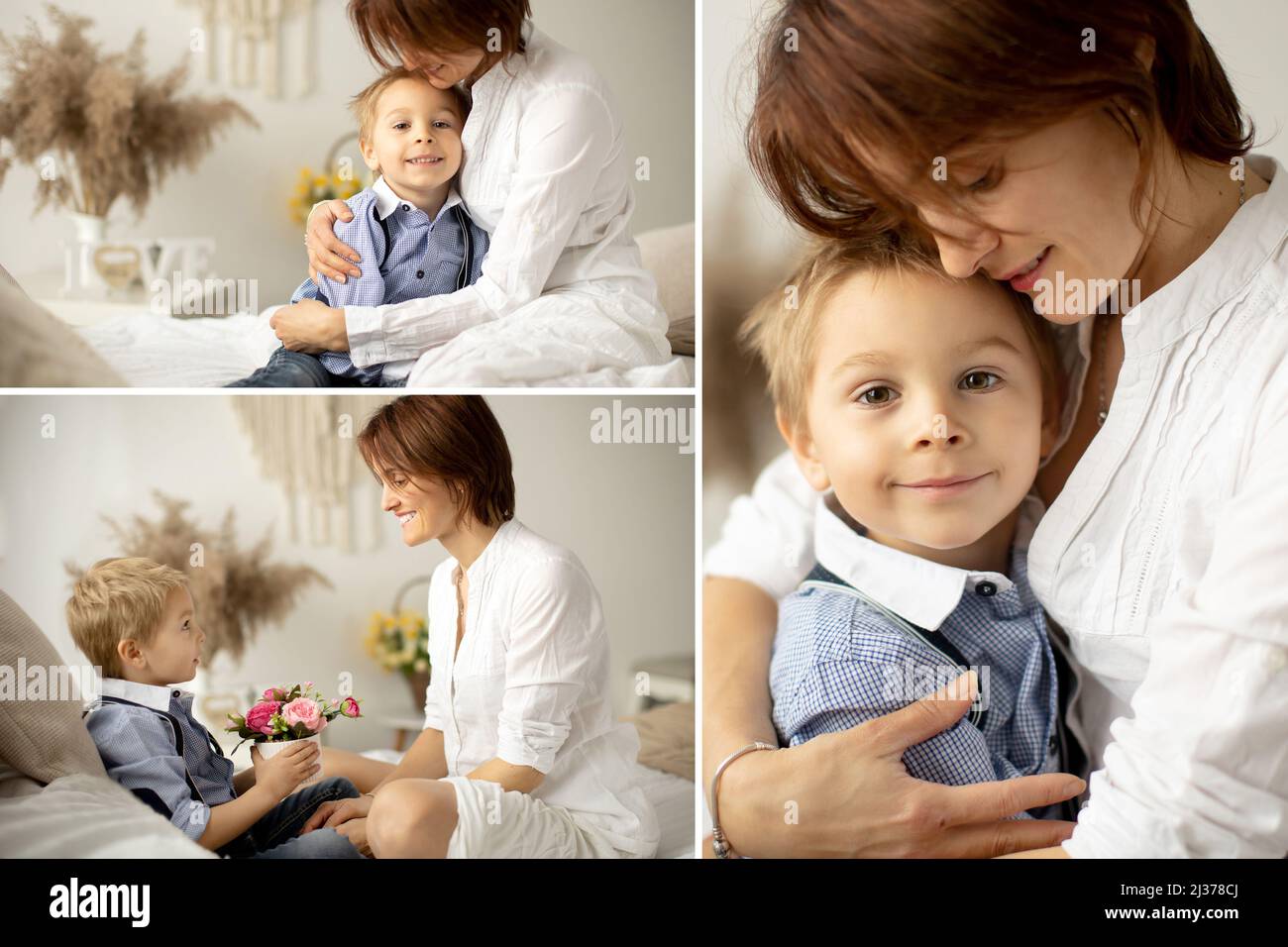 Mother and child, blond fashion preschool boy, having a wonderful ...
