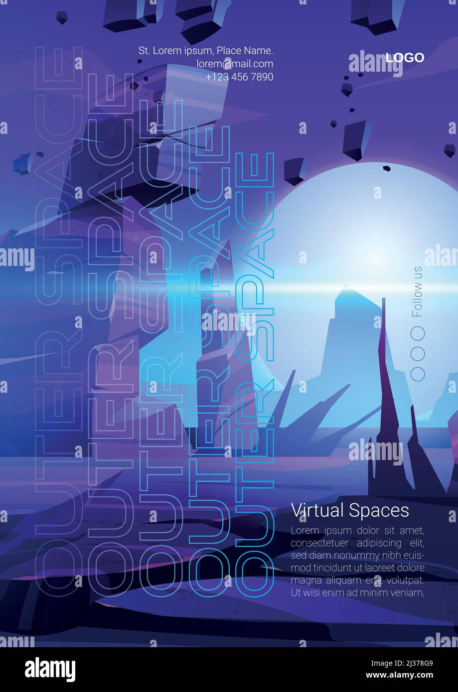 Outer space cartoon poster with alien planet surface, futuristic ...