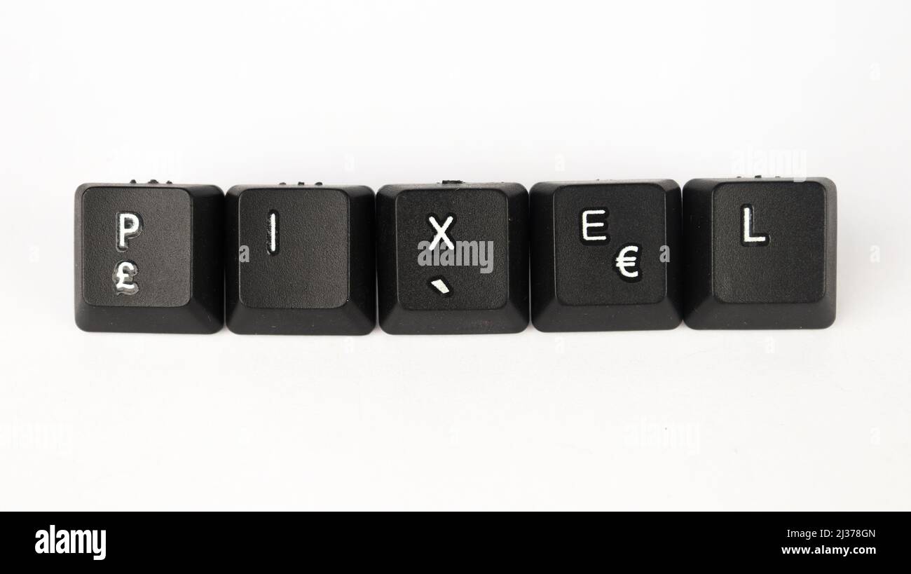 Pixel text created with keyboard keys isolated on white background ...