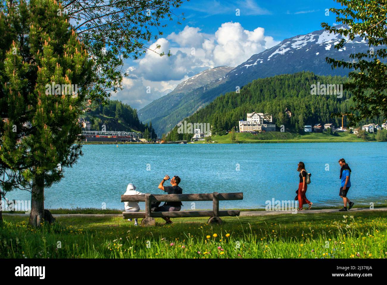 Rounded walk and mountain lake of St. Moritz in the summer time, Sankt ...