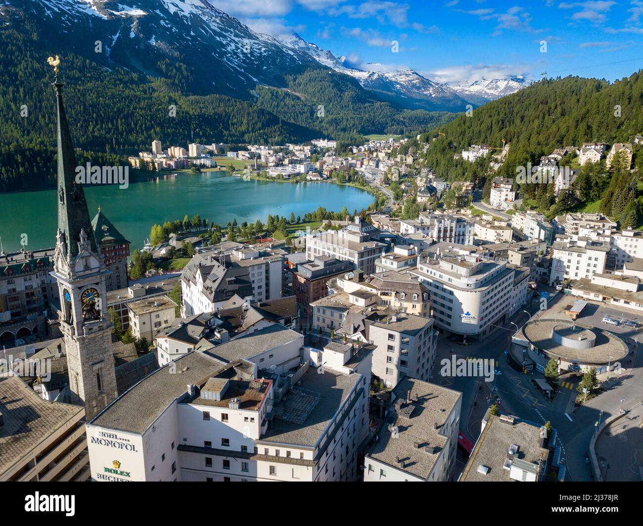 Aerial panoramic view of the famous Saint Moritz city center village ...