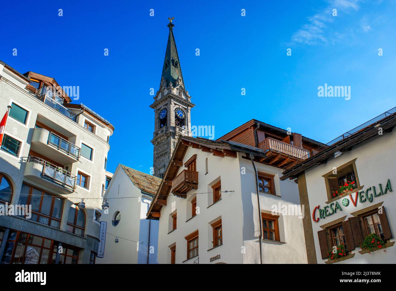 Reformierte Kirche St. Moritz The bell tower of reformed church in the ...