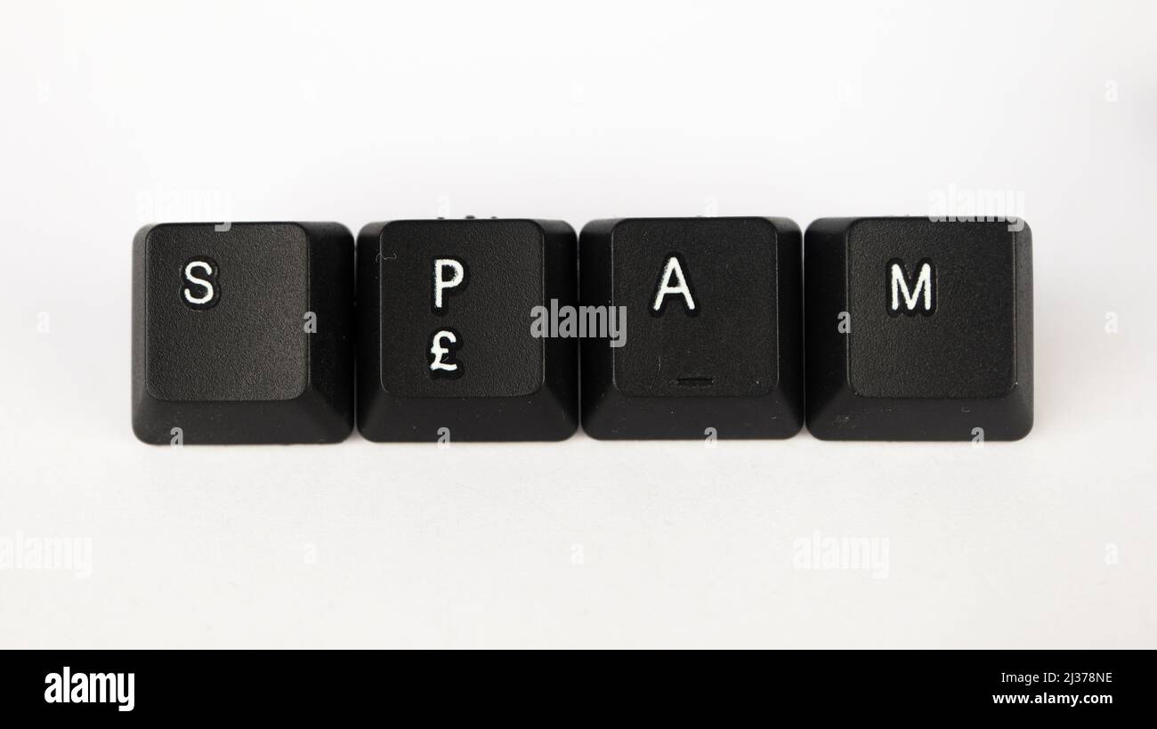 Spam text created with keyboard keys isolated on white background ...