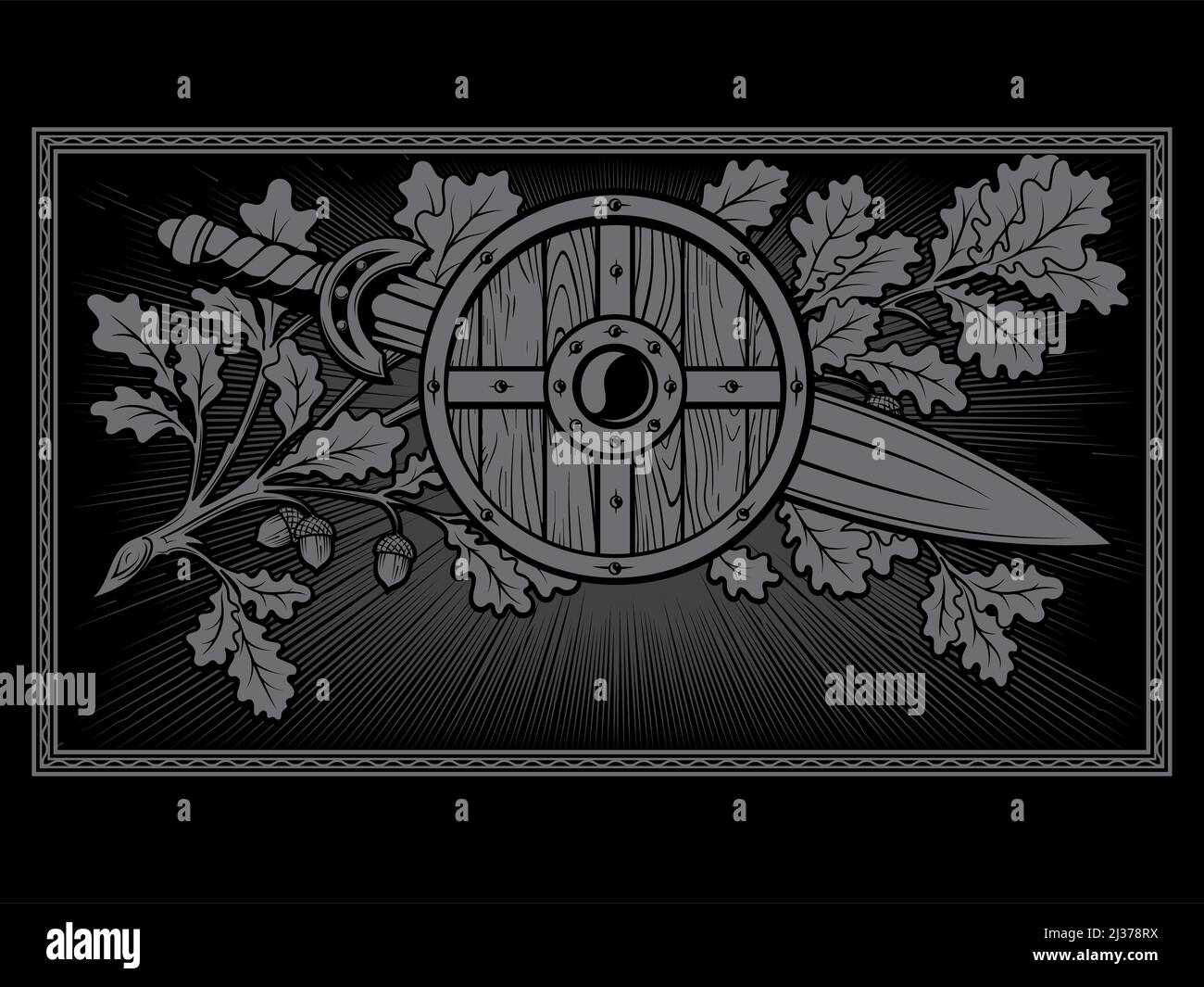 Viking, Scandinavian design. Viking shield, warrior sword and oak ...