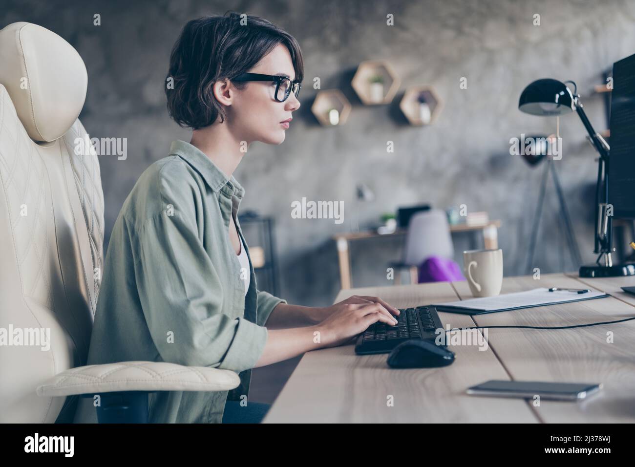 Profile side view portrait of attractive focused smart clever girl manager typing code html css ...