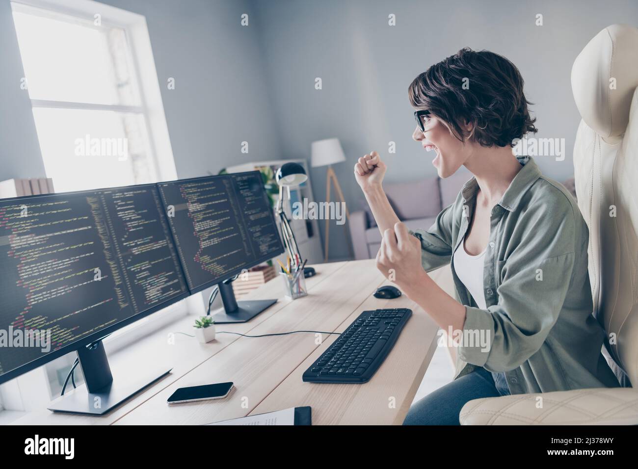 Profile portrait of excited overjoyed server expert raise fists ...