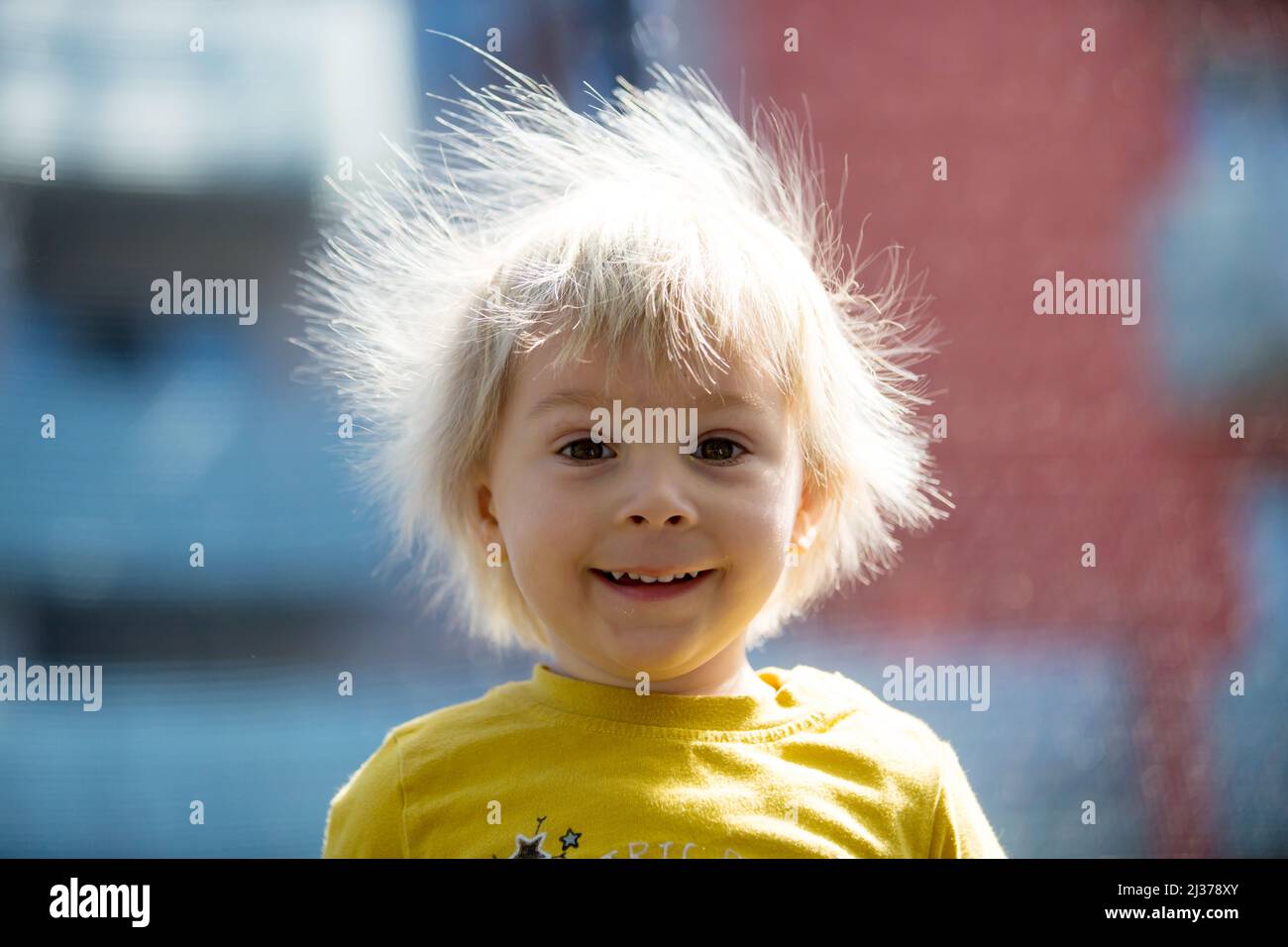 Cute little boy with static electricy hair, having his funny portrait ...