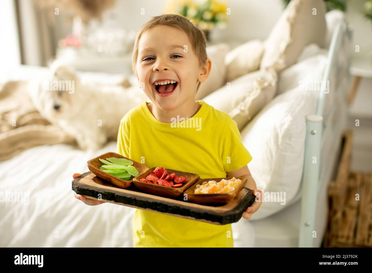 Cute little preschool child, boy, eating dried fruits at home ...