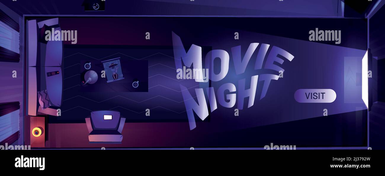 Movie night cartoon landing page, dark living room interior with tv and ...