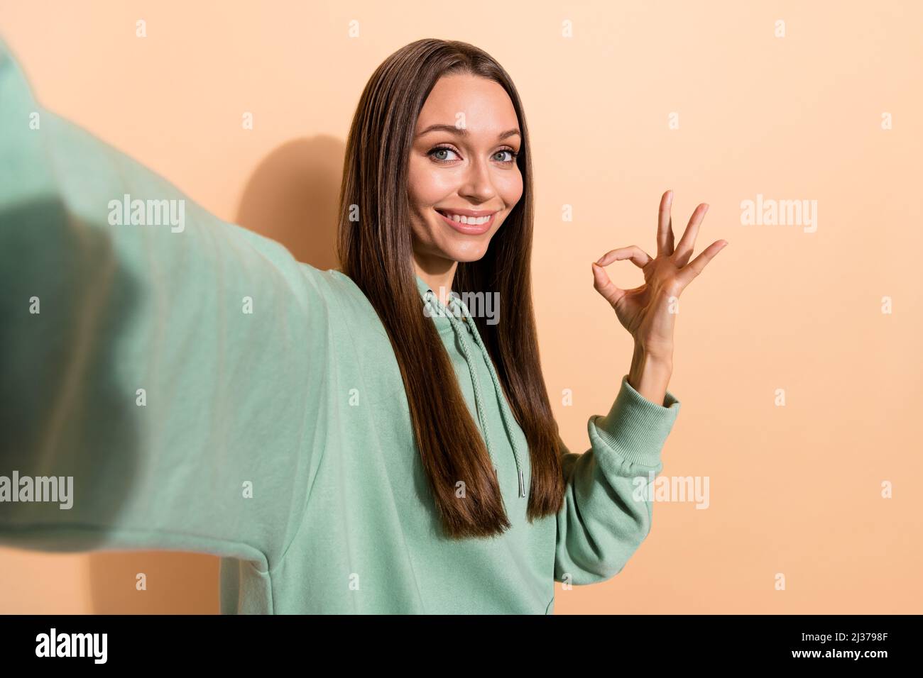 Self-portrait of attractive cheerful brown-haired girl showing ok-sign ...