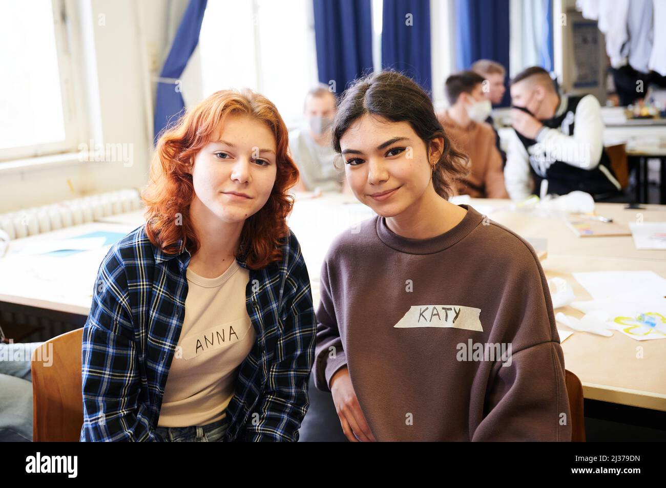 Berlin, Germany. 06th Apr, 2022. Ukrainian teenagers Anna (l) and Katy ...