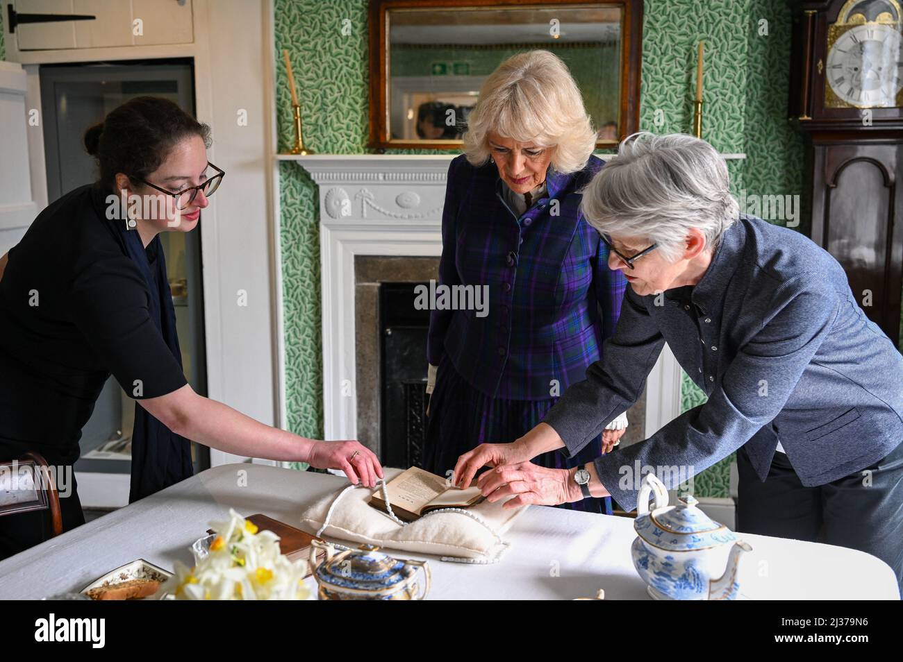 The Duchess of Cornwall is shown a first edition of Emma during a visit ...