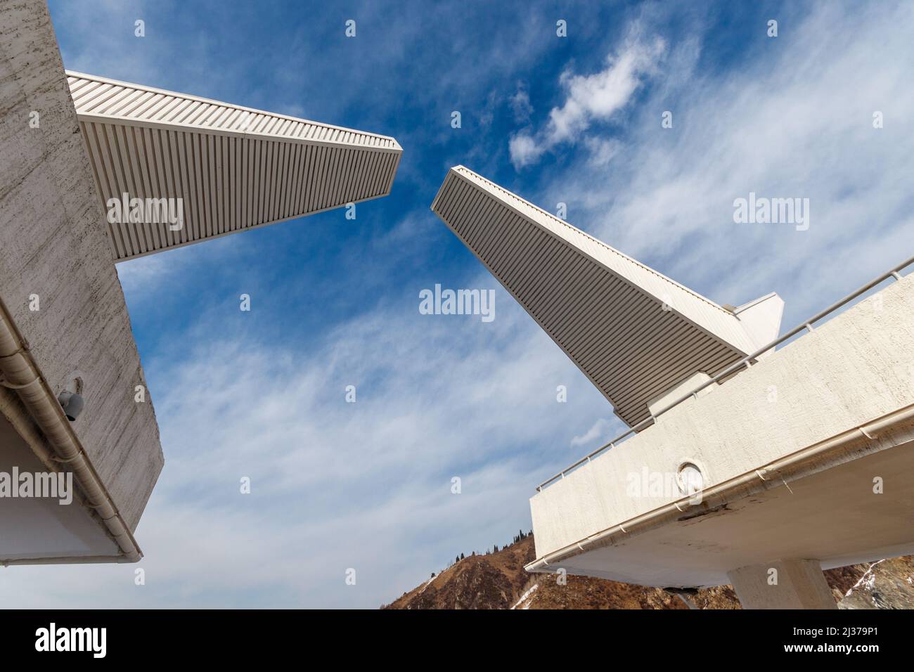 Close-up of small architectural form of the Soviet era at the Medeu dam ...