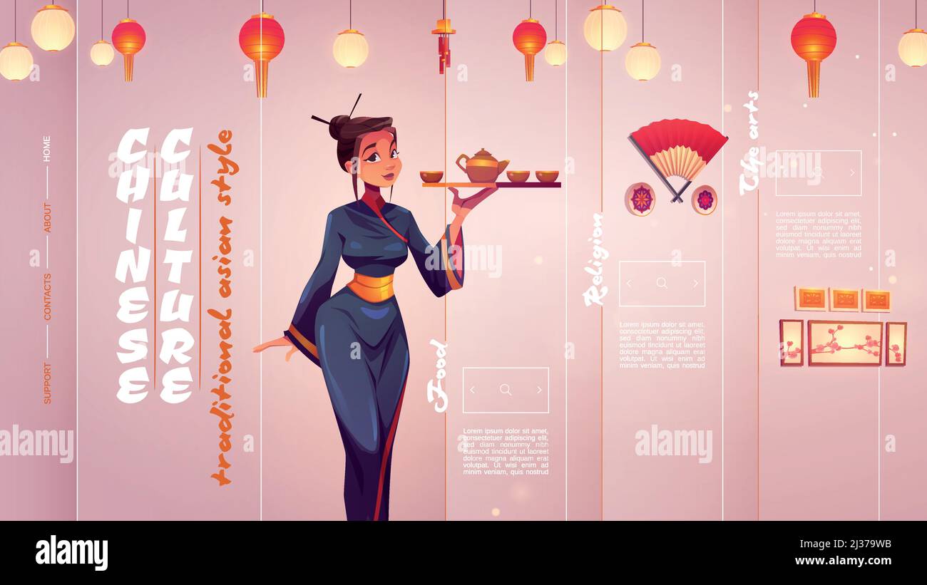 Chinese culture banner with woman in kimono in room with red lanterns ...