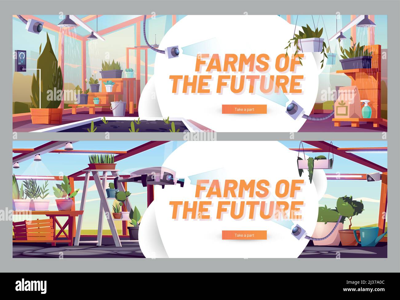 Farms of the future cartoon web banners, smart greenhouse, futuristic ...