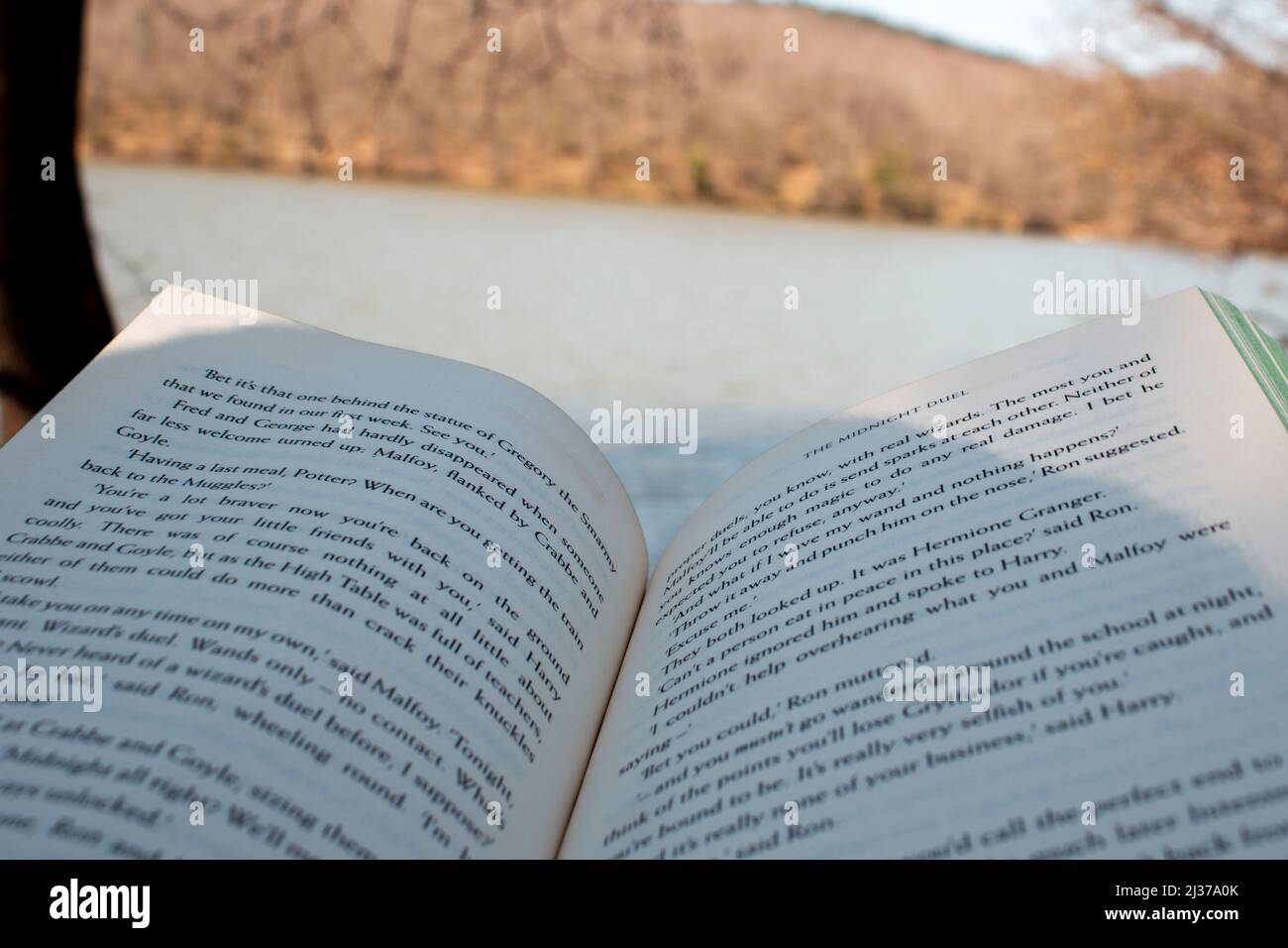 Reading a book in the nature concept, open book with blurred lake and ...