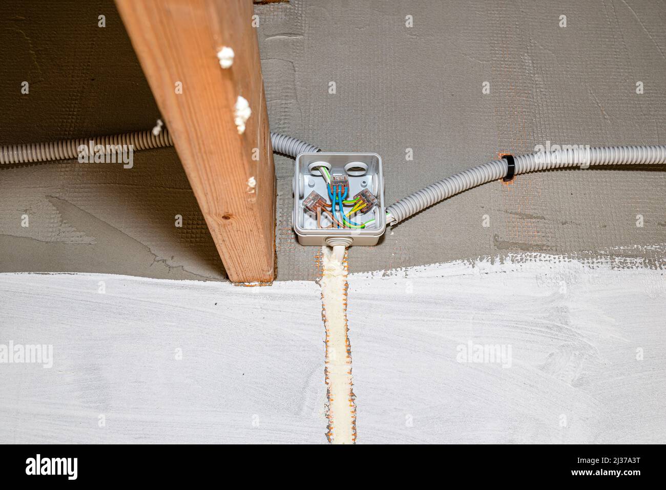 Electric cables for LED lighting connected in an electrical box on the ...