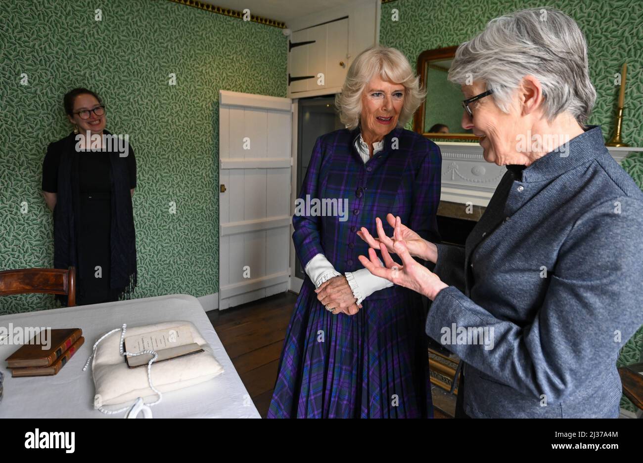 The Duchess of Cornwall is shown a first edition of Emma during a visit ...