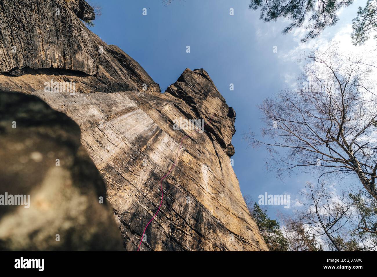 Epic sport climbing on giant sandstone cliffs of Elbe sandstone towers ...