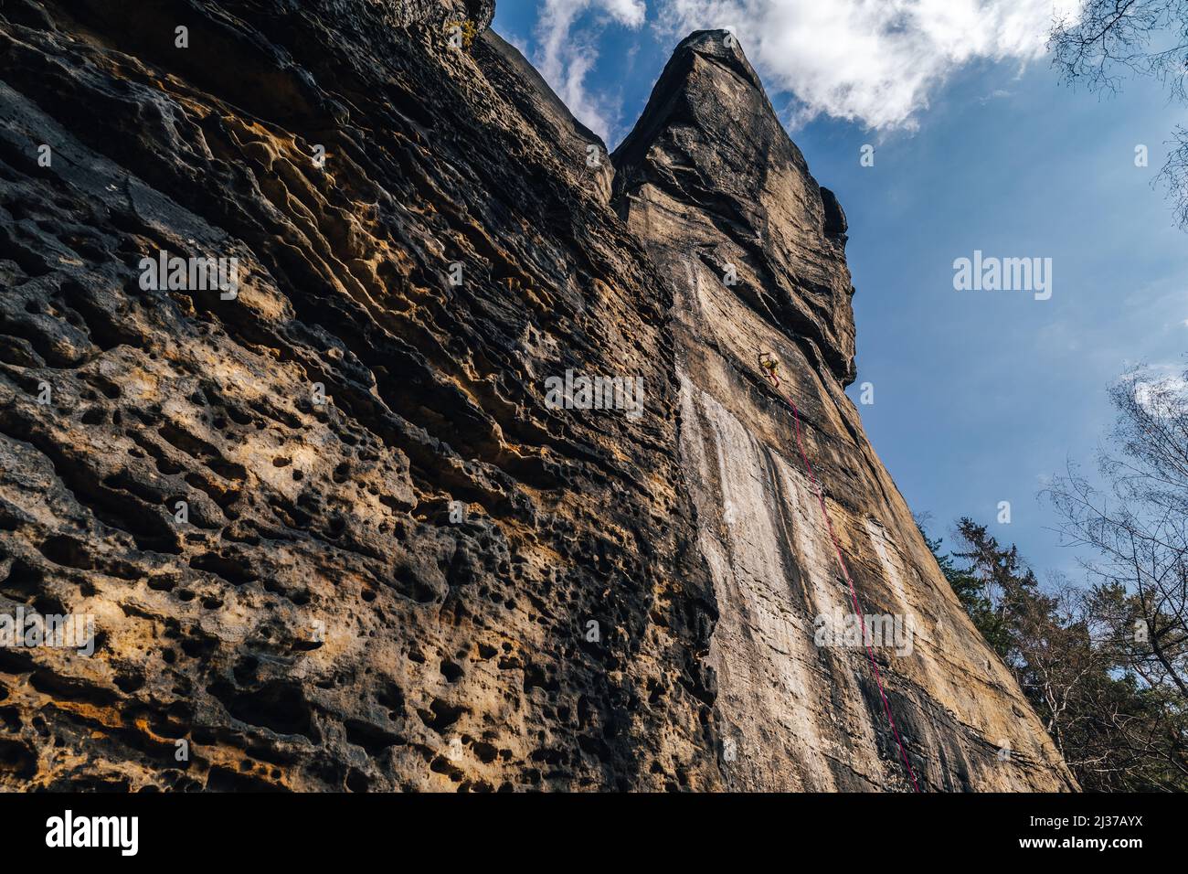 Epic sport climbing on giant sandstone cliffs of Elbe sandstone towers ...