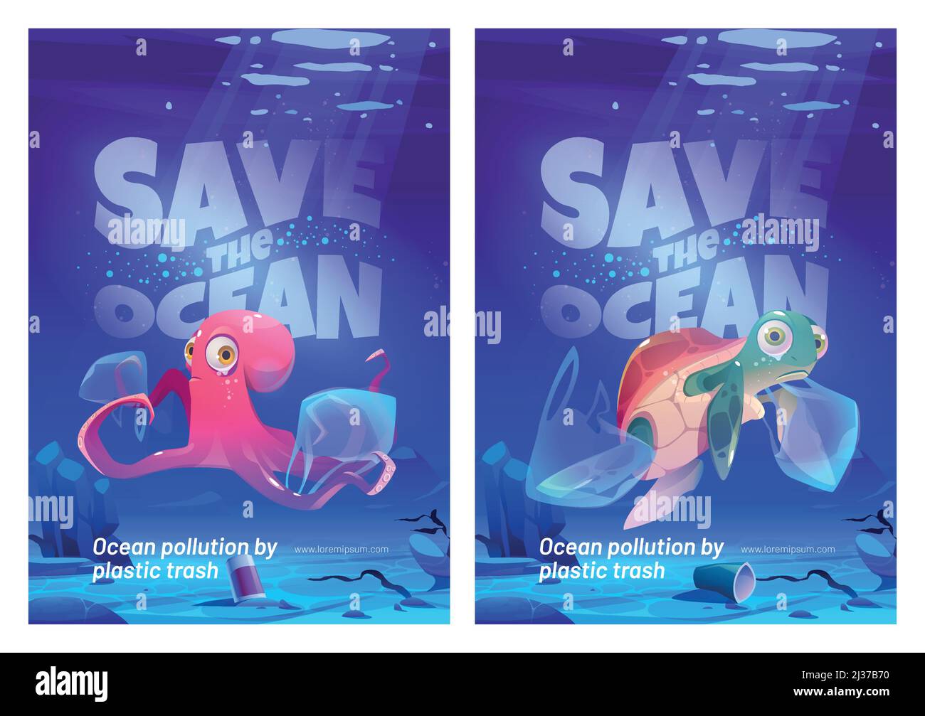 Save ocean cartoon posters with underwater animals and trash in sea ...