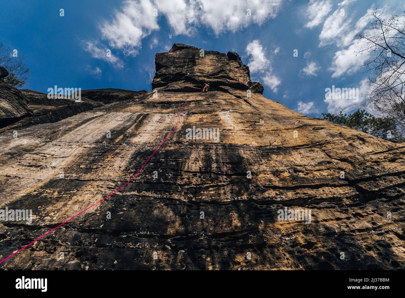 Epic sport climbing on giant sandstone cliffs of Elbe sandstone towers ...