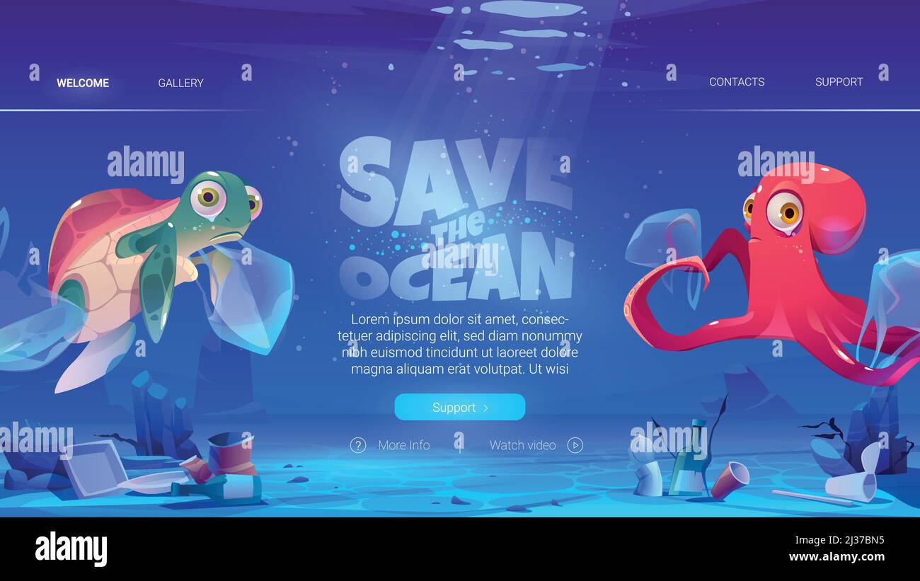 Save ocean website with turtle and octopus in plastic bags and garbage ...