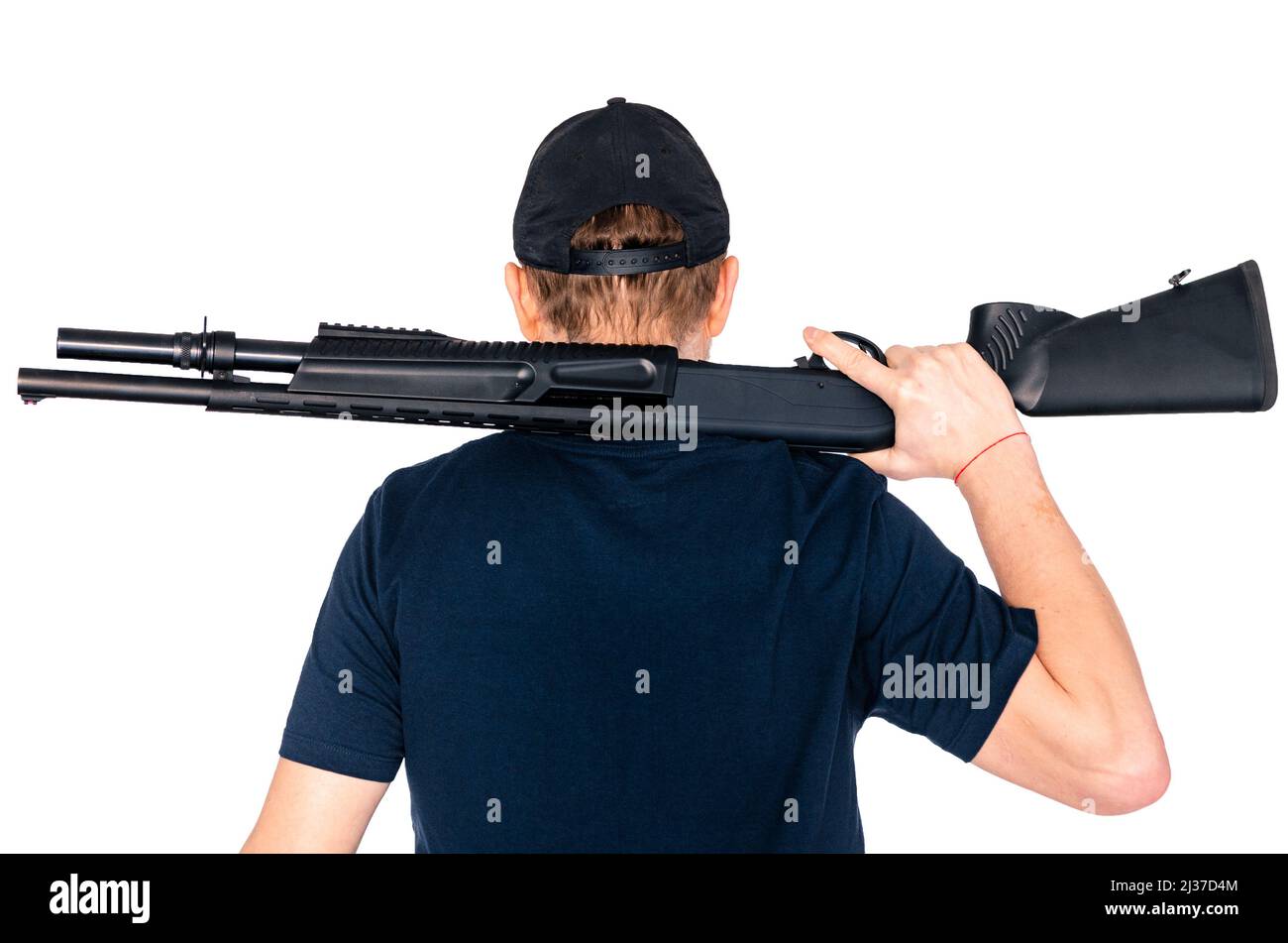 Hunter holding a rifle over his shoulder isolated on white background ...