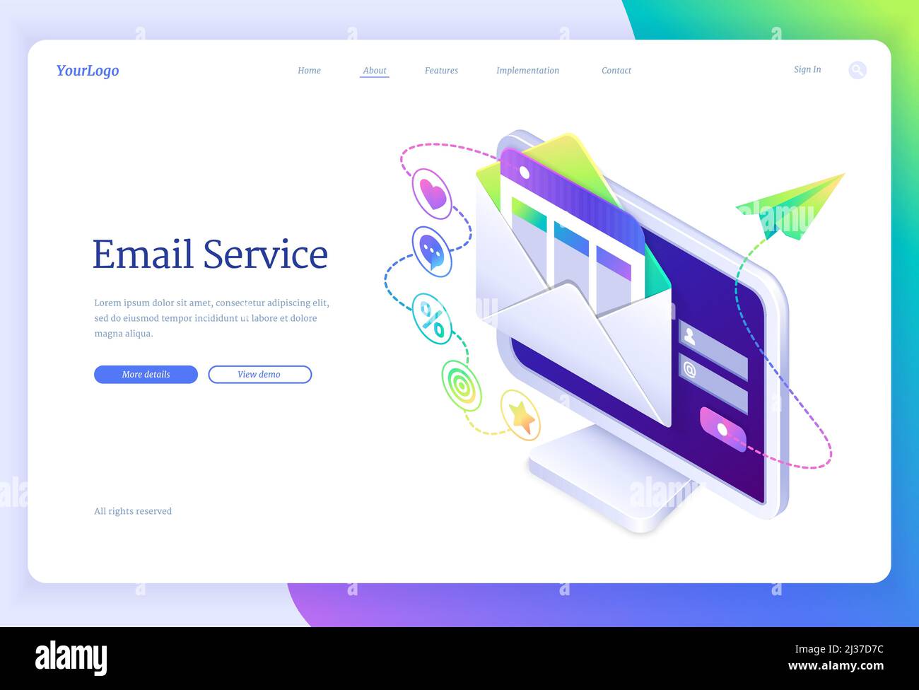 Email service isometric landing page with letter envelope on computer ...