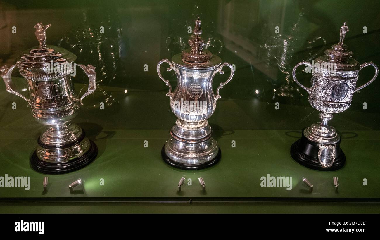 London, UK. 6 April 2022. Replicas of "The Football Association Cup ...
