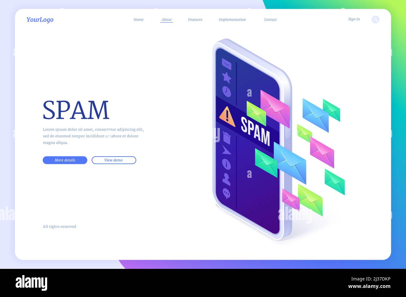 Spam isometric landing page with letter envelopes on smartphone screen ...