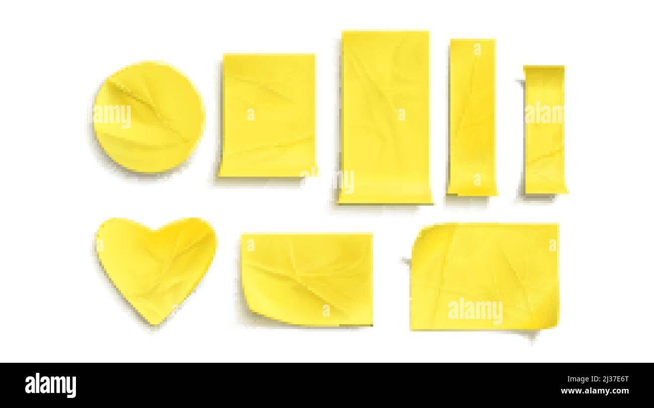 Yellow paper stickers, crumpled sticky notes. Vector realistic set of ...