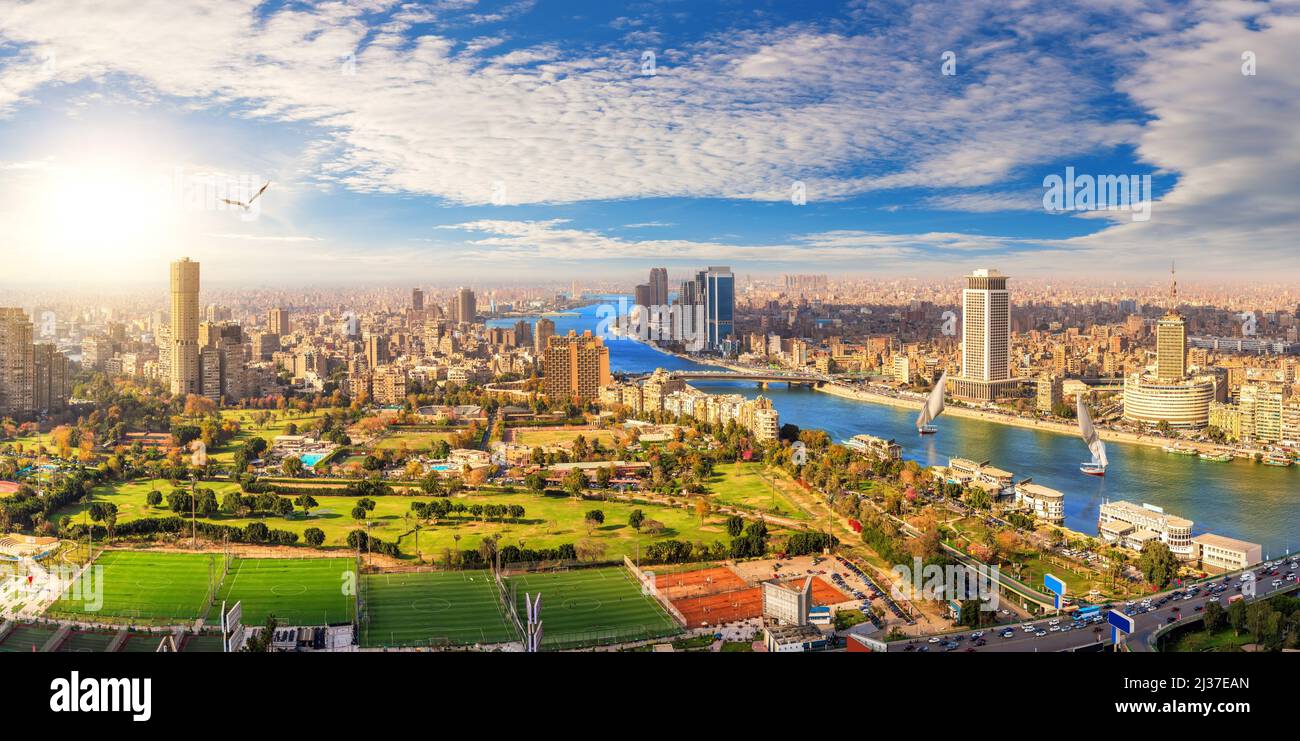 Cairo skyline downtown panorama, view on the Nile and bridges, Egypt ...