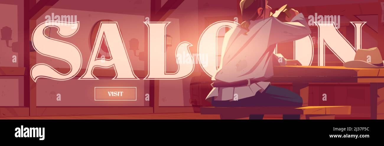 Saloon poster with pub interior and man drinks beer. Invitation banner ...