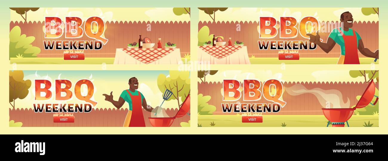 BBQ weekend flyers. Invitation banner to barbecue party with black man ...