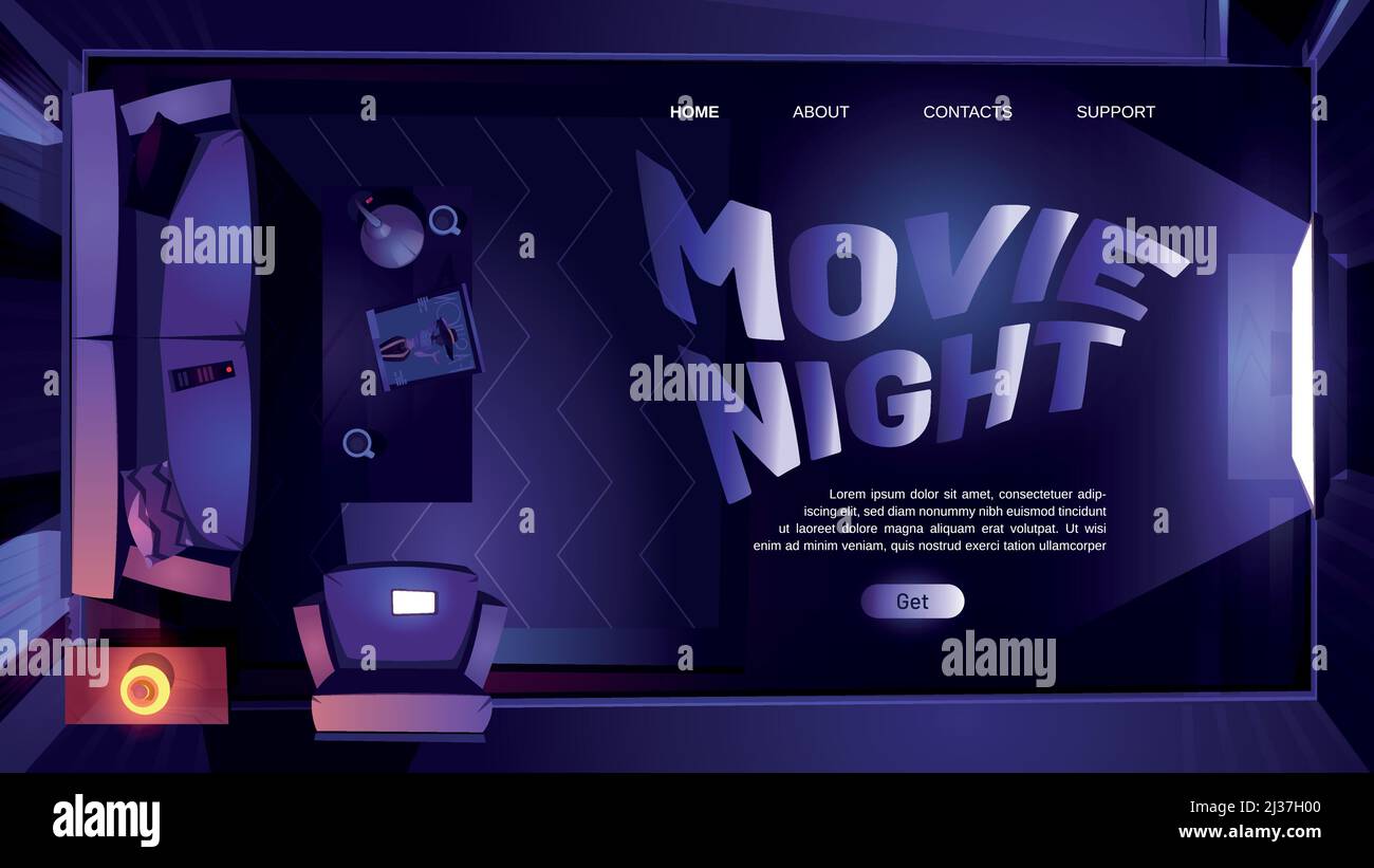 Movie night cartoon landing page, dark living room interior with tv and ...