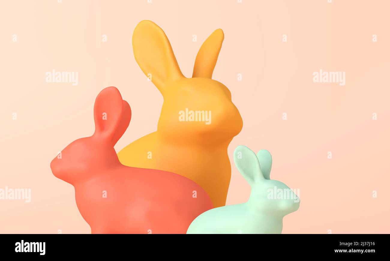 Cute easter bunnny background. Three colourful rabbits. 3D Rendering ...