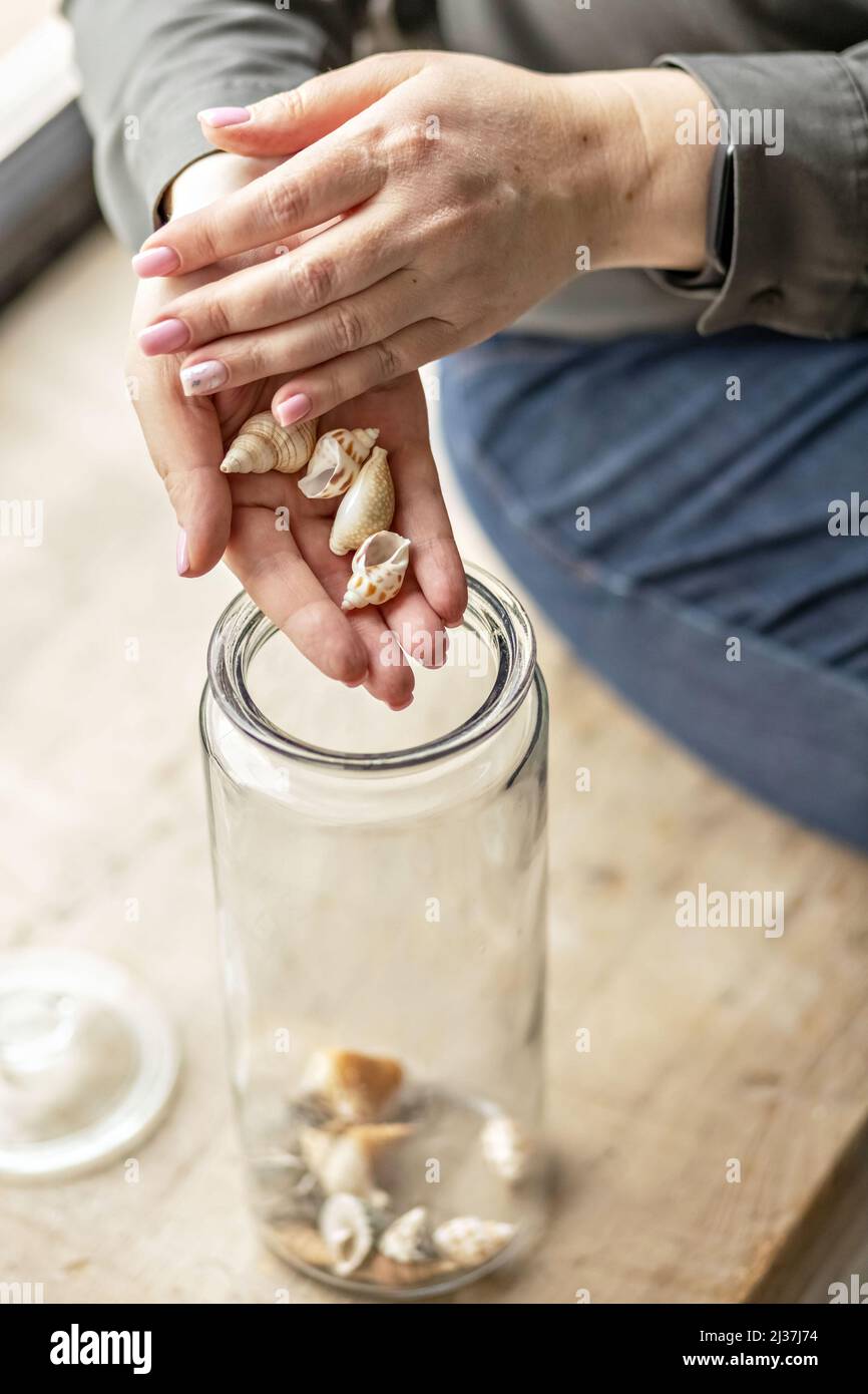 Women's hands hold seashells. Puts the shells in a glass jar. Beach ...