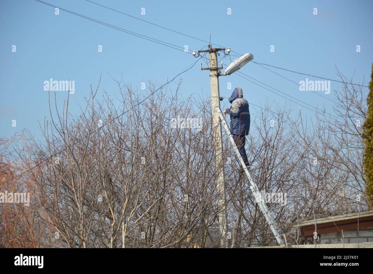 The man connects wired internet on an a electric pole Stock Photo - Alamy