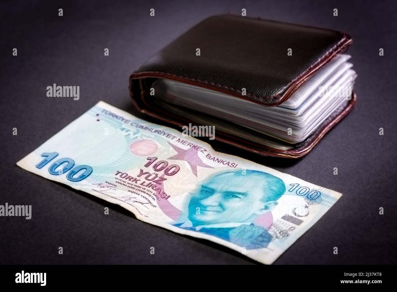 Credit card wallet and a 100 Turkish lira banknote next to it on an ...