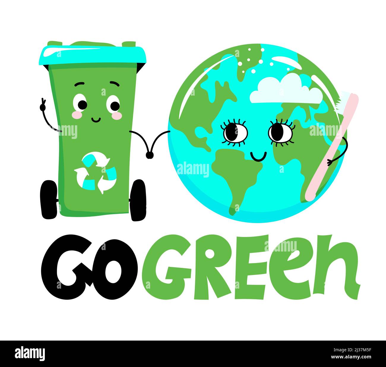 Go green - Cute dustbin container and planet Earth. No plastic. Go ...