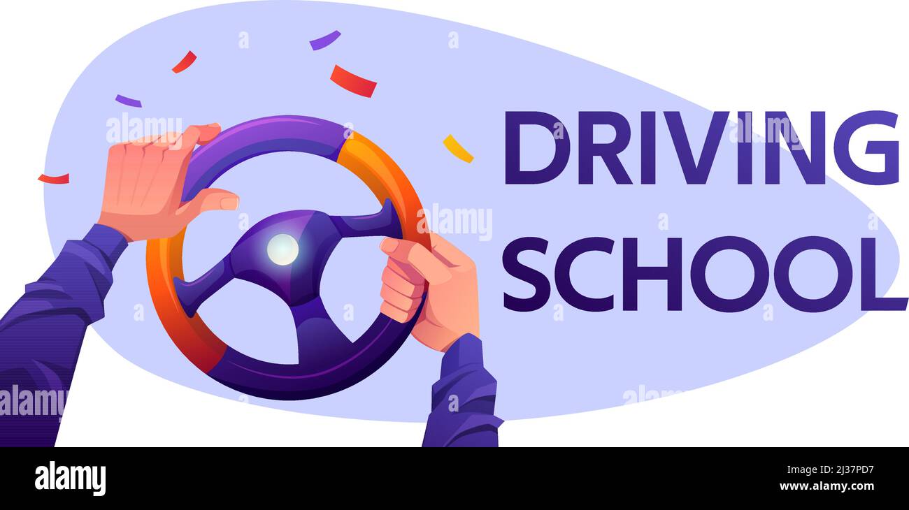 Driving school cartoon banner with driver hands on car steering wheel ...