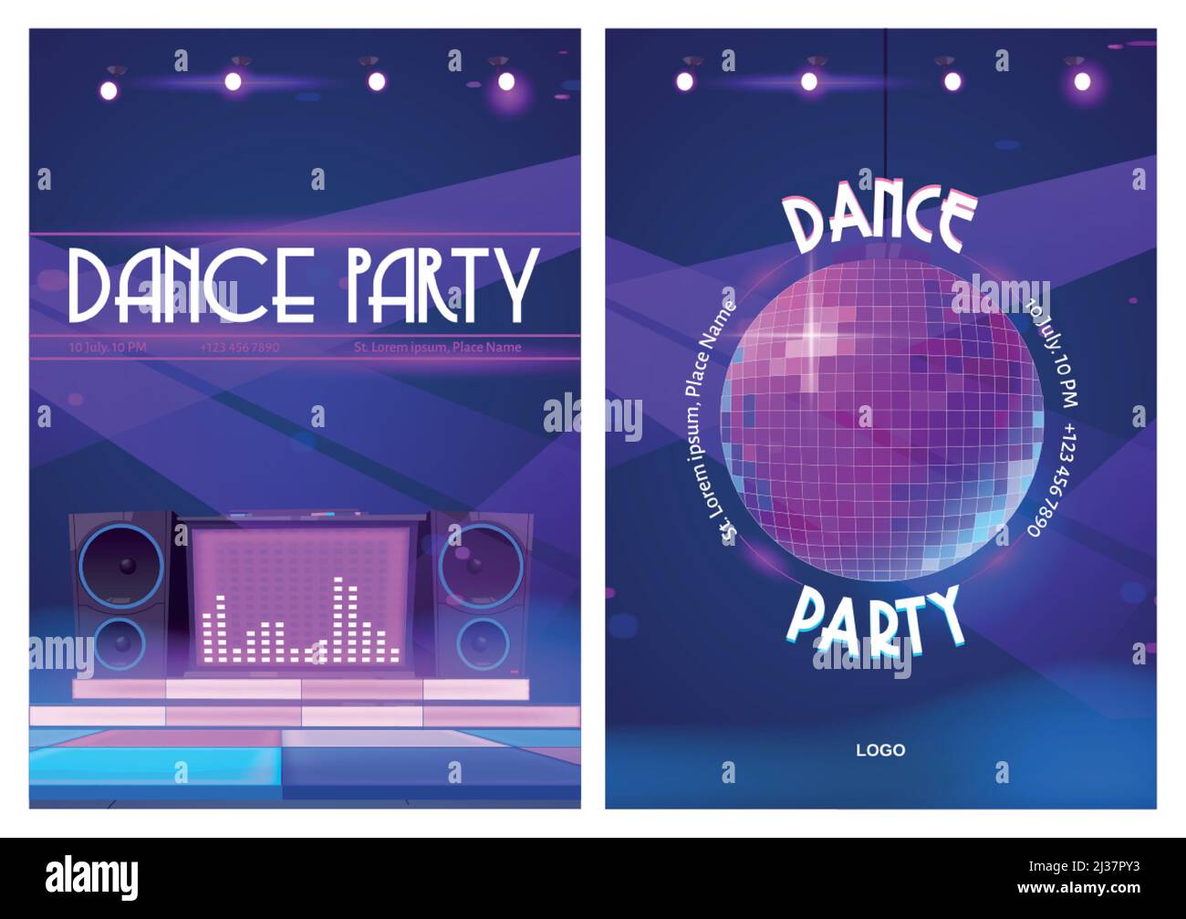 Dance party flyers with disco ball and dj music console. Posters of ...