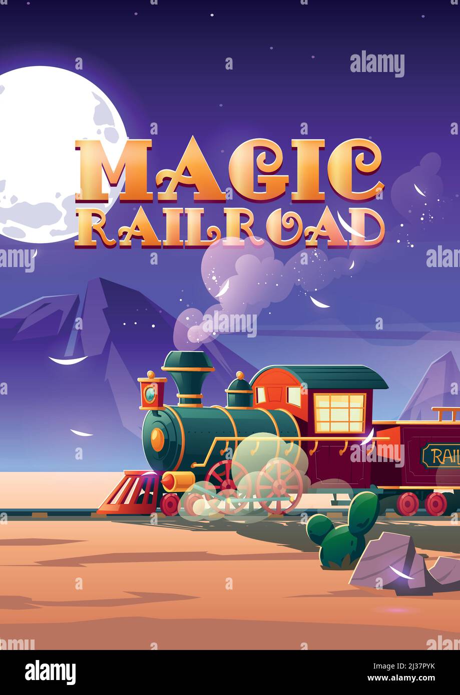 Magic railroad cartoon poster. Steam train riding night Wild west ...
