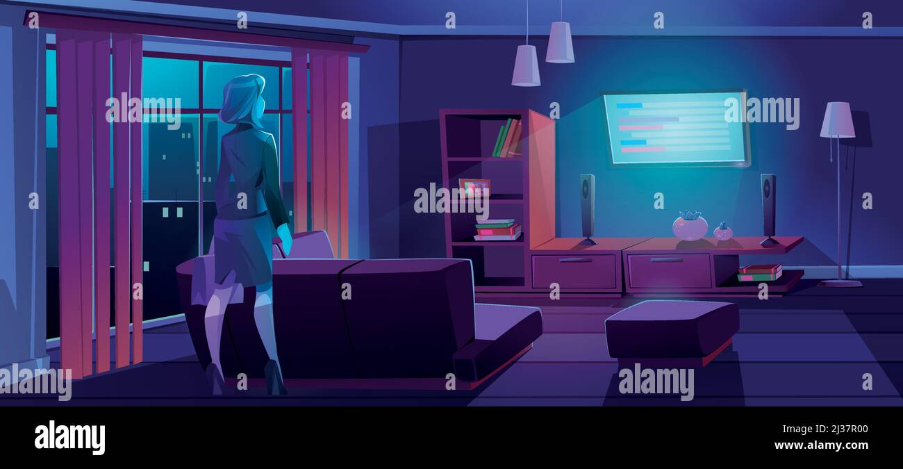 Woman coming home from work and watch tv at night. Vector cartoon ...